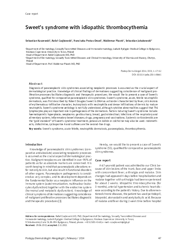 (PDF) Sweet’s syndrome with idiopathic thrombocythemia
