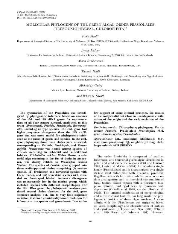 (PDF) MOLECULAR PHYLOGENY OF THE GREEN ALGAL ORDER PRASIOLALES ...