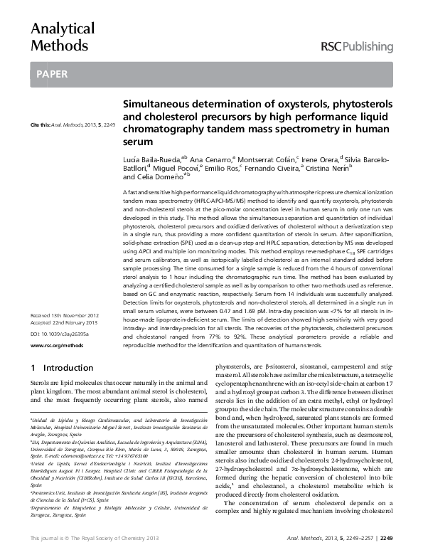(PDF) Simultaneous determination of oxysterols, phytosterols and ...