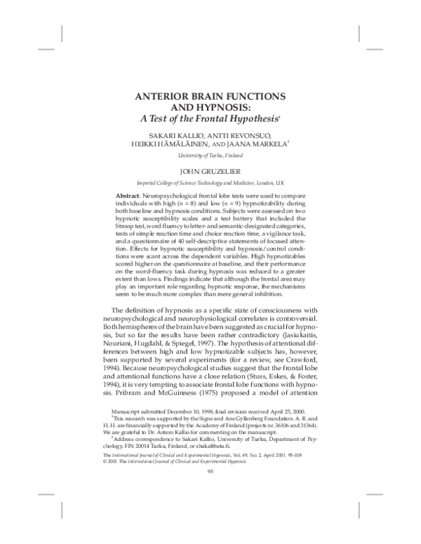 (PDF) Anterior brain functions and hypnosis: A test of the frontal ...