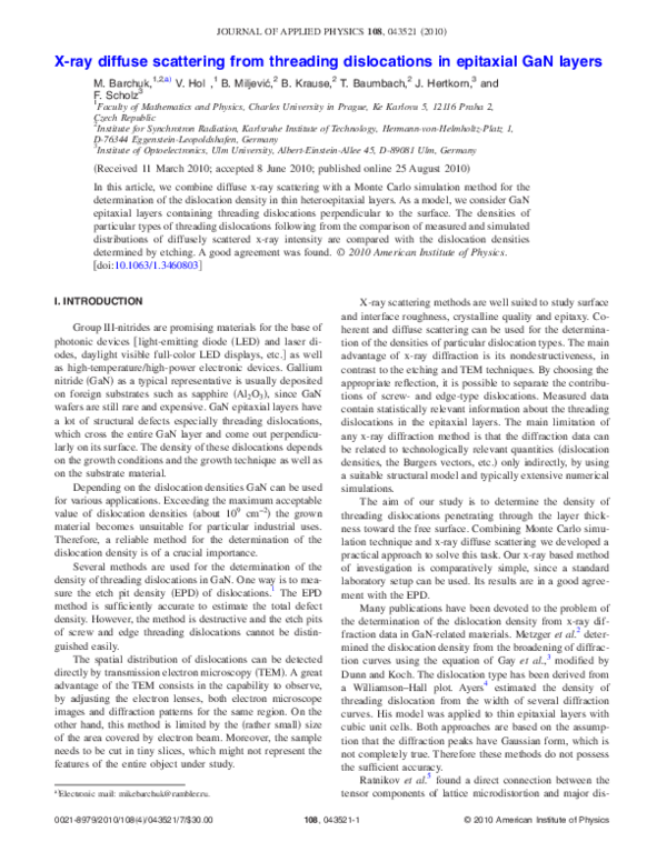 (PDF) X-ray diffuse scattering from threading dislocations in epitaxial ...