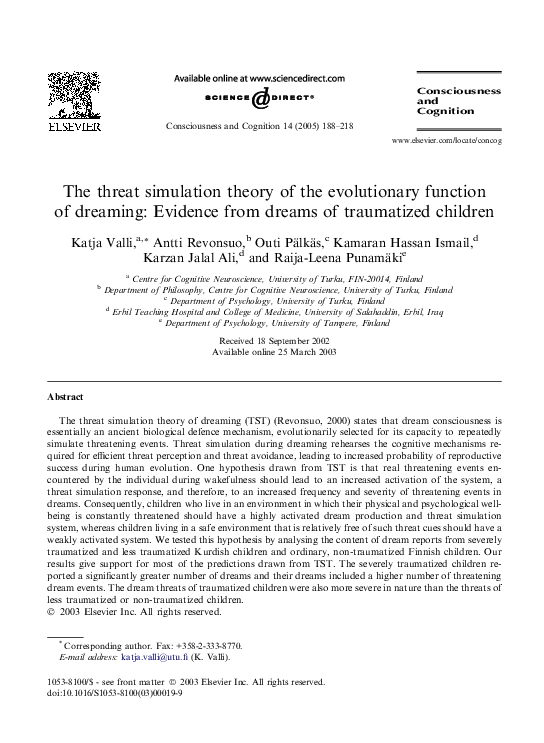 (PDF) The threat simulation theory of the evolutionary function of ...