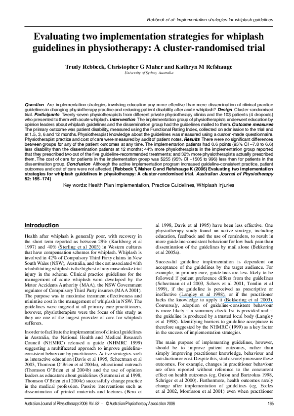 (PDF) Evaluating two implementation strategies for whiplash guidelines in physiotherapy: A ...