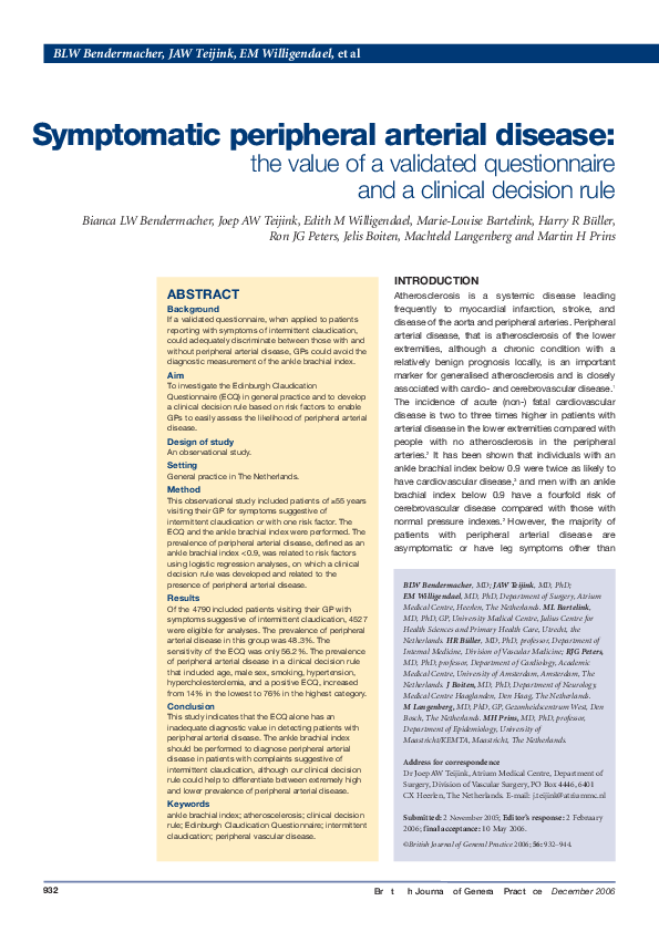 (PDF) Symptomatic peripheral arterial disease: the value of a validated ...
