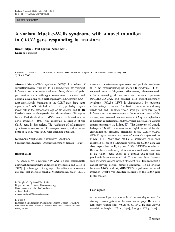 (PDF) A variant Muckle-Wells syndrome with a novel mutation in CIAS1 ...