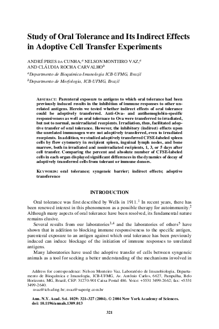 (PDF) Study of Oral Tolerance and Its Indirect Effects in Adoptive Cell ...