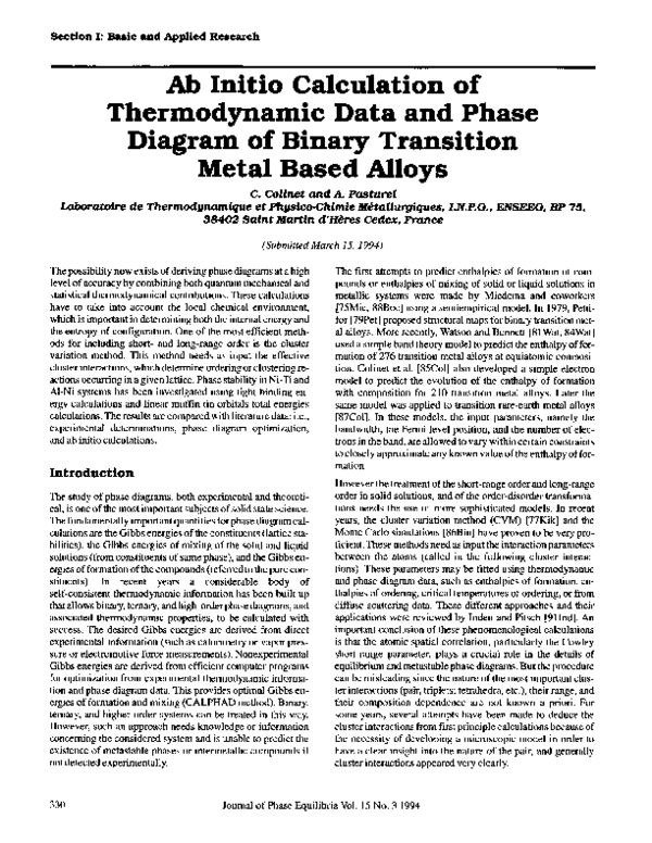 (PDF) Ab initio calculation of thermodynamic data and phase diagram of binary transition metal ...
