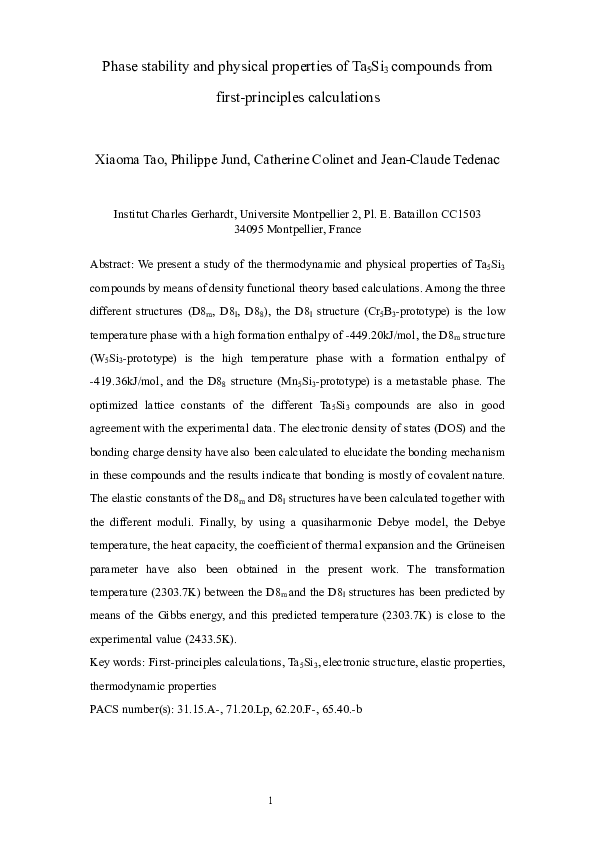 (PDF) Phase stability and physical properties of Ta 5 Si 3 compounds from first-principles ...