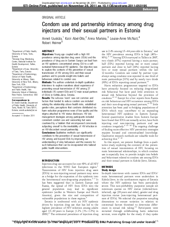 (PDF) Condom use and partnership intimacy among drug injectors and ...