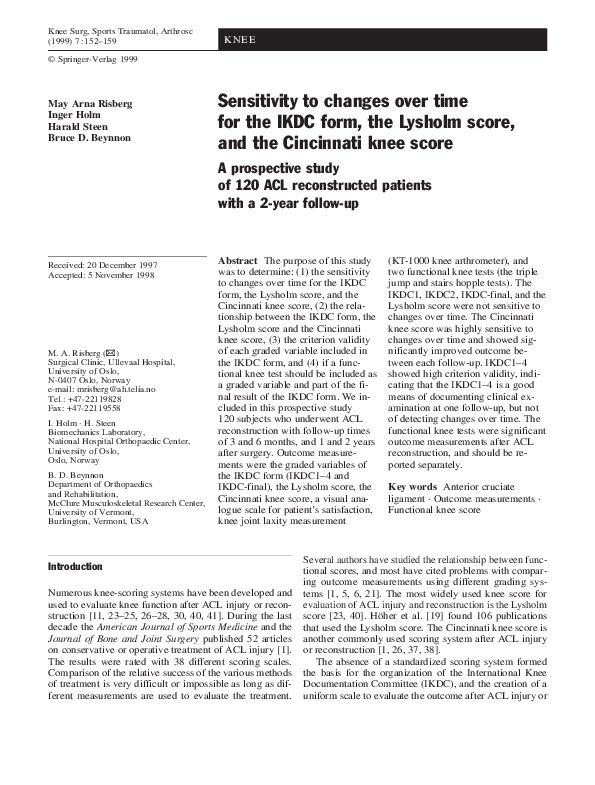 (PDF) Sensitivity to changes over time for the IKDC form, the Lysholm ...