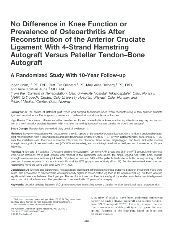 (PDF) No Difference in Knee Function or Prevalence of Osteoarthritis After Reconstruction of the ...