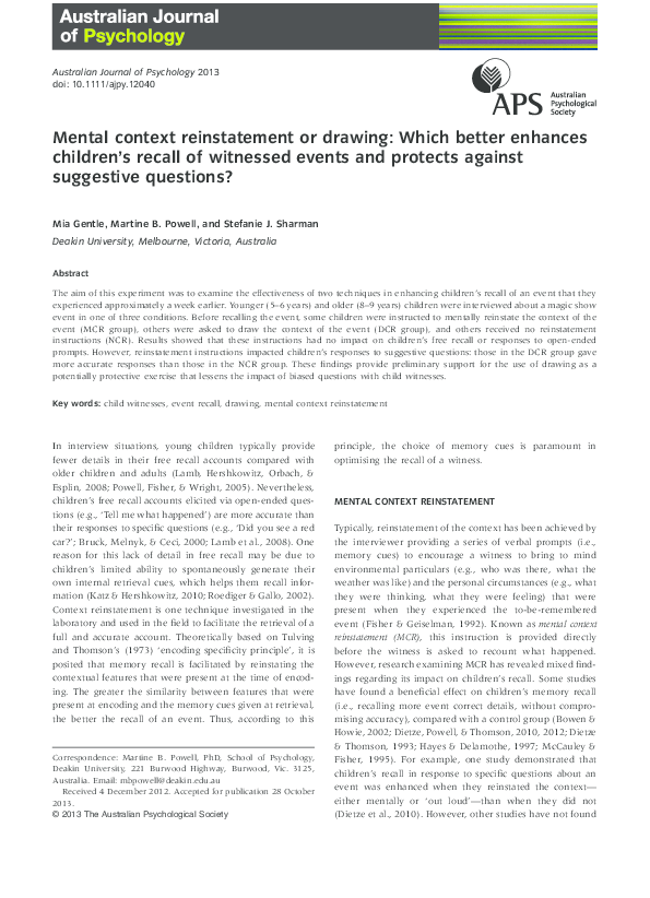 (PDF) Mental context reinstatement or drawing: Which better enhances ...