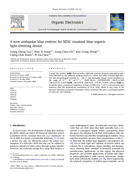 (PDF) A new ambipolar blue emitter for NTSC standard blue organic light ...