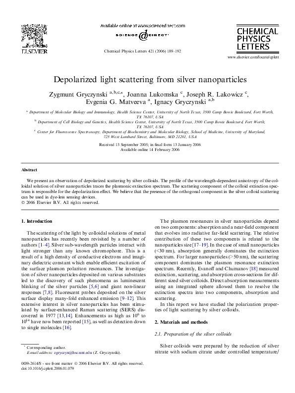 (PDF) Depolarized light scattering from silver nanoparticles