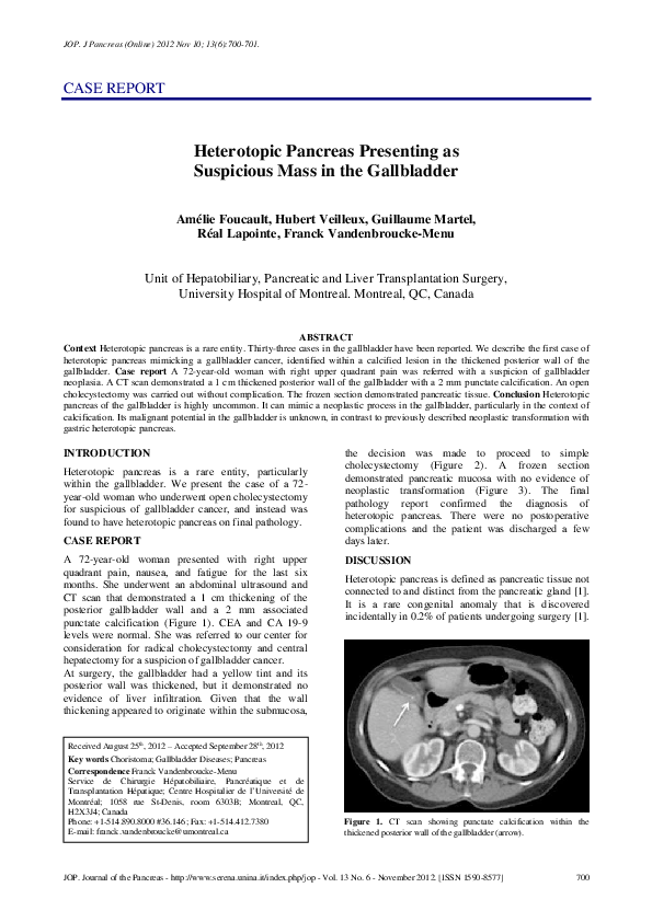 (PDF) Heterotopic pancreas presenting as suspicious mass in the gallbladder