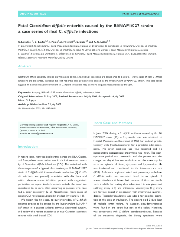 (PDF) Fatal Clostridium difficile enteritis caused by the BI/NAP1/027 ...
