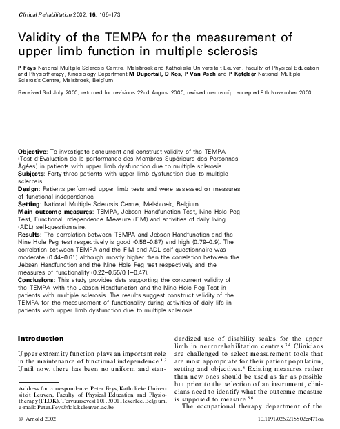 (PDF) Validity of the TEMPA for the measurement of upper limb function ...