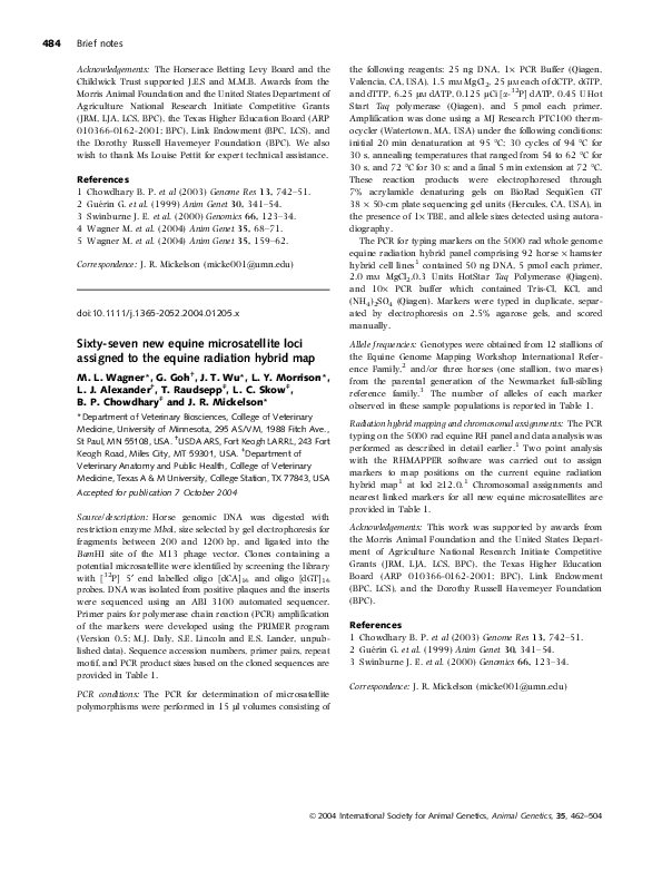 (PDF) Sixty-seven new equine microsatellite loci assigned to the equine ...