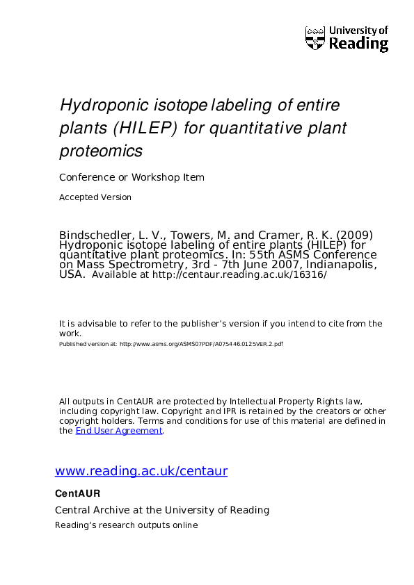 (PDF) Hydroponic isotope labelling of entire plants (HILEP) for ...