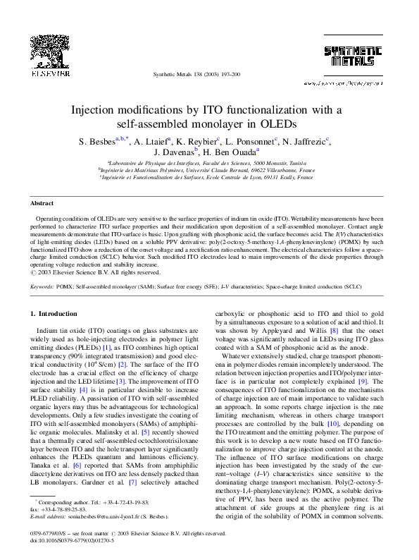 (PDF) Injection modifications by ITO functionalization with a self ...