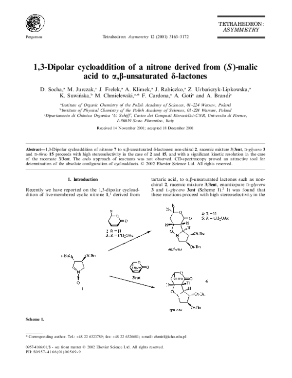 (PDF) 1,3-Dipolar cycloaddition of a nitrone derived from (S)-malic ...