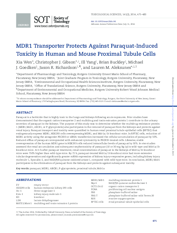 (PDF) MDR1 transporter protects against paraquat-induced toxicity in ...