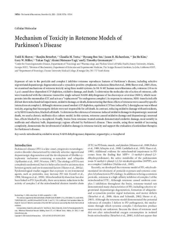 (PDF) Mechanism of toxicity in rotenone models of Parkinson's disease