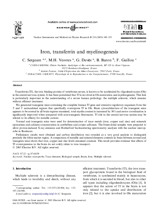 (PDF) Iron, transferrin and myelinogenesis