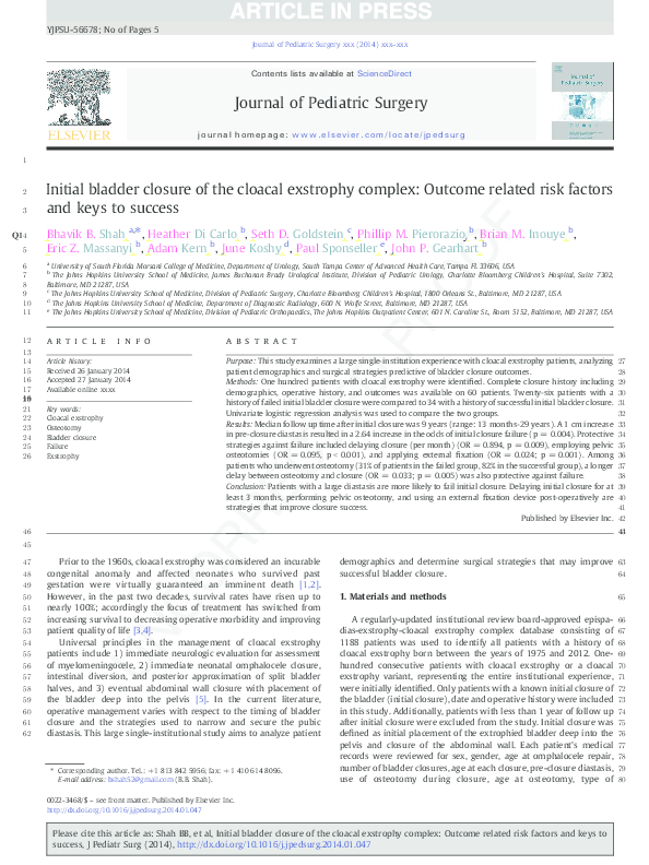 (PDF) Initial bladder closure of the cloacal exstrophy complex: Outcome ...