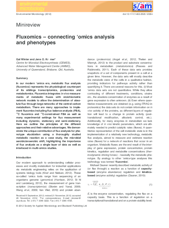 (PDF) Fluxomics - connecting ‘omics analysis and phenotypes