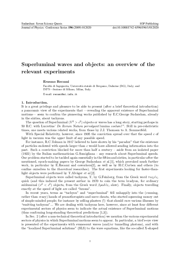 (PDF) Superluminal Waves and Objects: Theory and Experiments. A ...