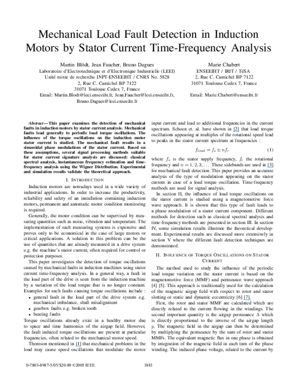 (PDF) Mechanical Load Fault Detection in Induction Motors by Stator Current Time-Frequency Analysis
