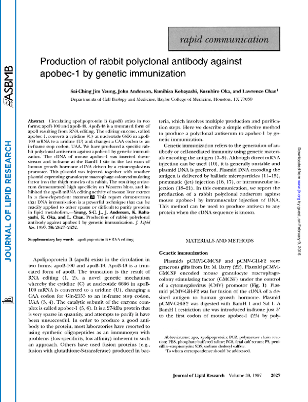 (PDF) Production of rabbit polyclonal antibody against apobec-1 by ...