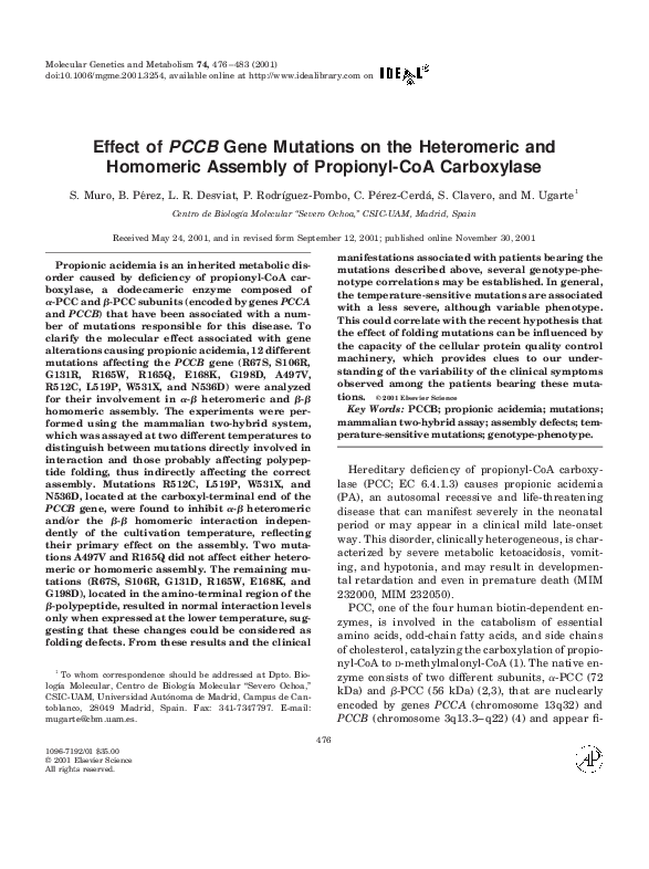 (PDF) Effect of PCCB Gene Mutations on the Heteromeric and Homomeric ...