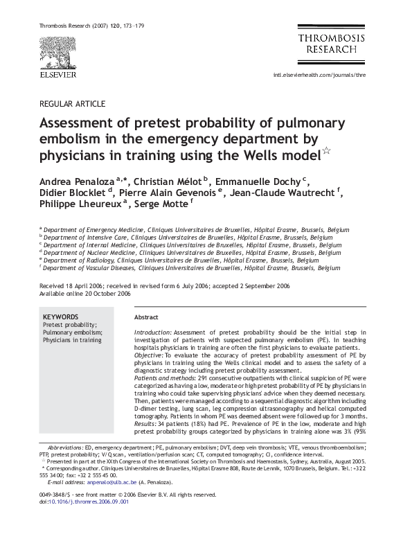 (PDF) Assessment of pretest probability of pulmonary embolism in the ...