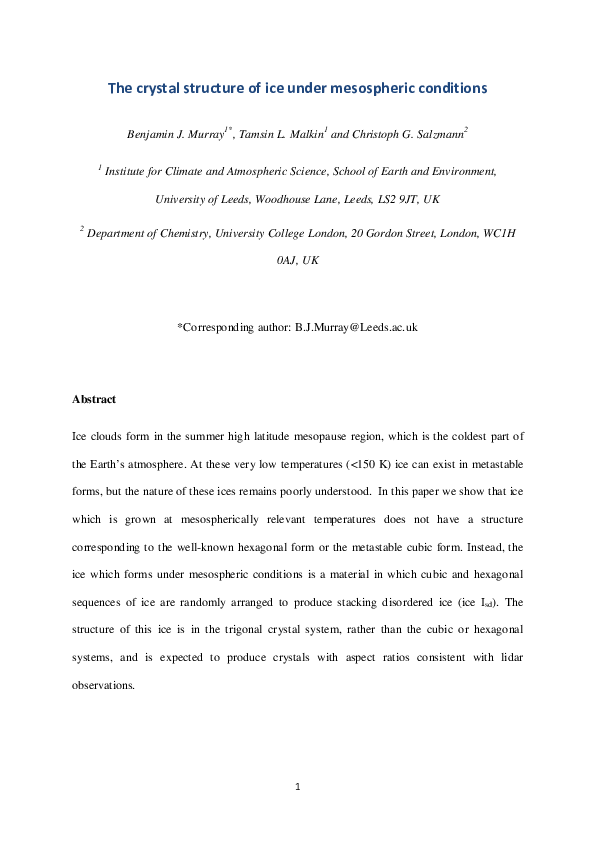 PDF The Crystal Structure Of Ice Under Mesospheric Conditions PDF The Crystal Structure Of Ice Under Mesospheric Conditions