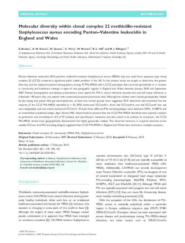 (PDF) Molecular diversity within clonal complex 22 methicillin-resistant Staphylococcus aureus ...