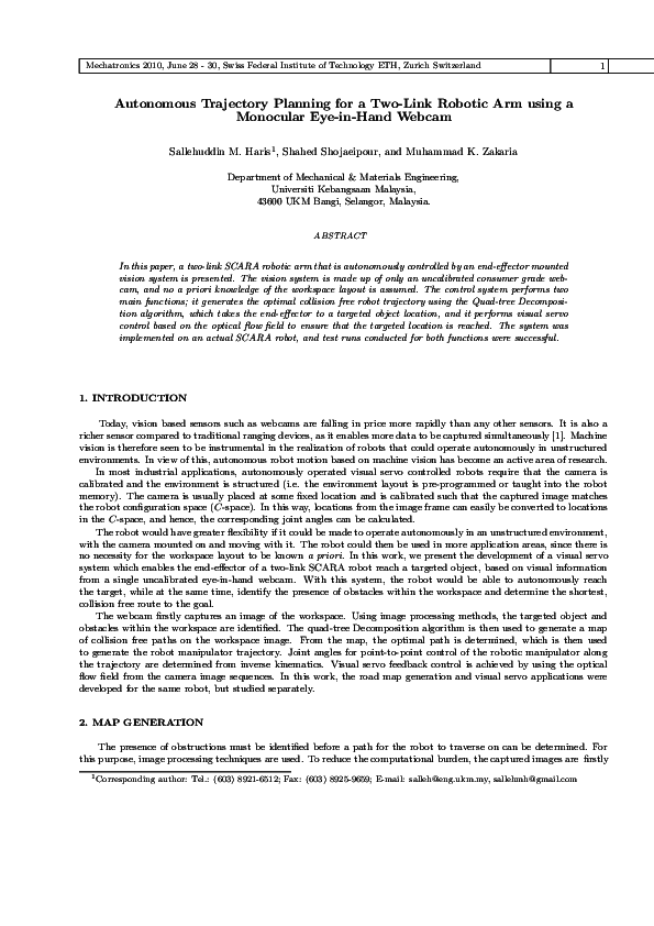 (PDF) Autonomous Trajectory Planning for a Two-Link Robotic Arm using a Monocular Eye-in-Hand Webcam