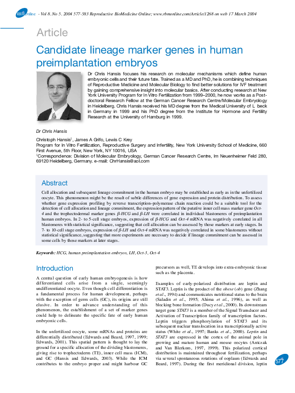 (PDF) Candidate lineage marker genes in human preimplantation embryos