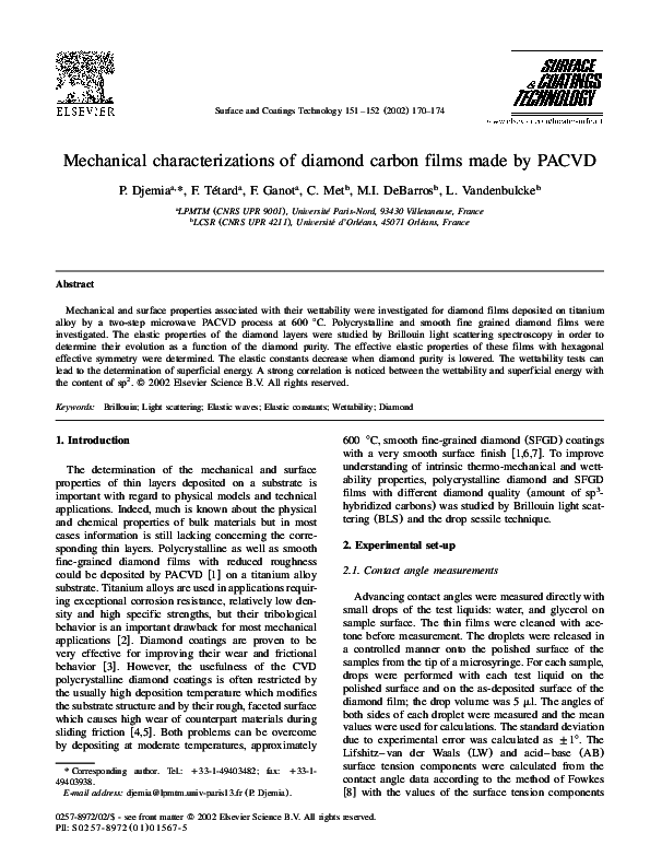 (PDF) Mechanical characterizations of diamond carbon films made by PACVD