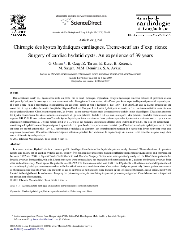 (PDF) Chirurgie des kystes hydatiques cardiaques. Trente-neuf ans d ...