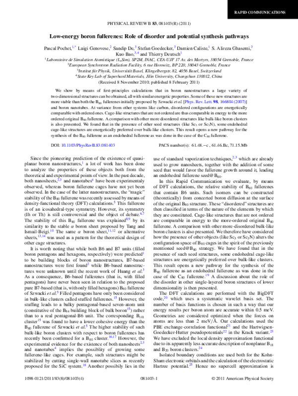 (PDF) Low-energy boron fullerenes: Role of disorder and potential synthesis pathways