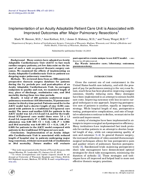 (PDF) Implementation of an Acuity Adaptable Patient Care Unit is ...