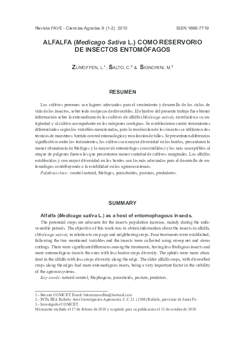 (PDF) Alfalfa (Medicago Sativa L.) como Reservorio de Insectos Entomófagos