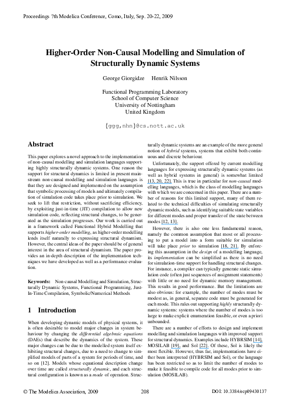 (PDF) Higher-Order Non-Causal Modelling and Simulation of Structurally Dynamic Systems