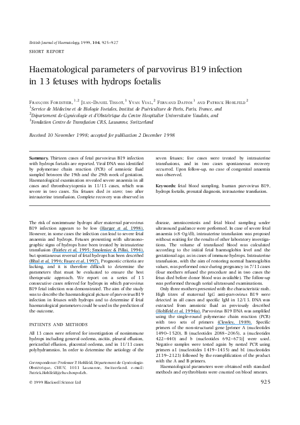 (PDF) Haematological parameters of parvovirus B19 infection in 13 ...