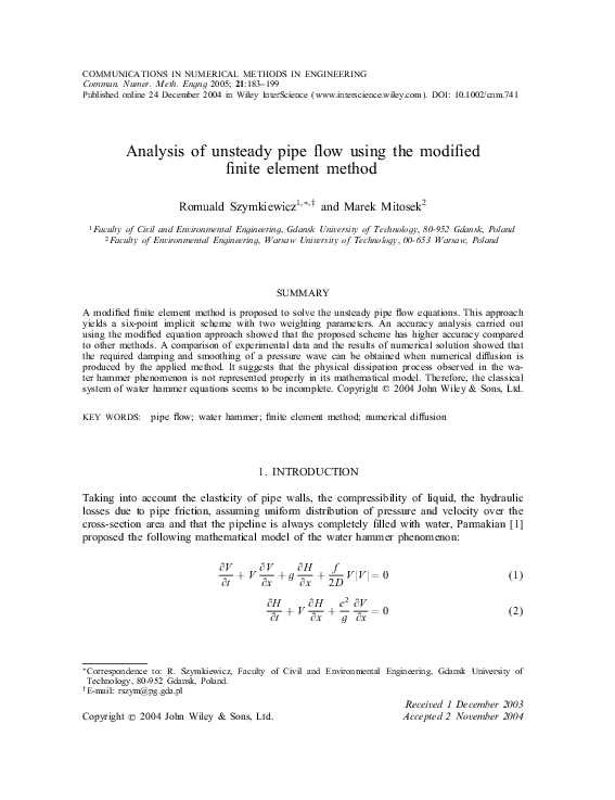 (PDF) Analysis of unsteady pipe flow using the modified finite element method