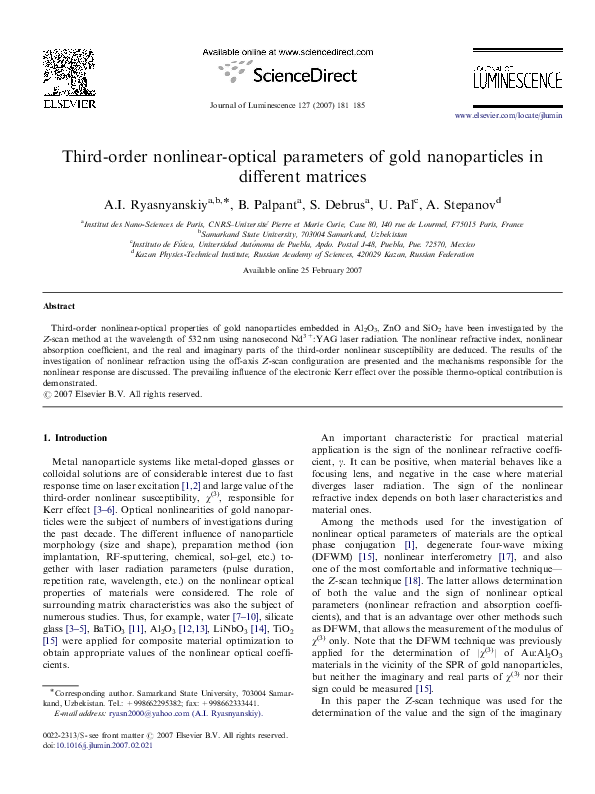 (PDF) Third-order nonlinear-optical parameters of gold nanoparticles in different matrices