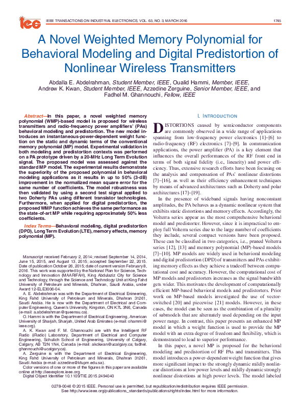 (PDF) A Novel Weighted Memory Polynomial for Behavioral Modeling and ...