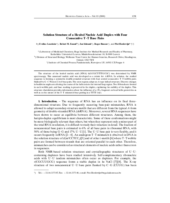 (PDF) Solution Structure of a Hexitol Nucleic Acid Duplex with Four ...